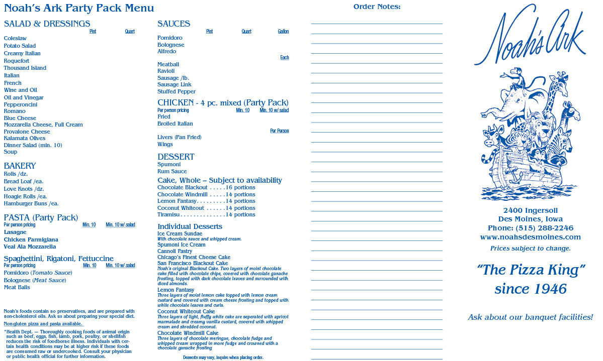 Take Out Menus of Noah’s Ark Restaurant in Des Moines, IA